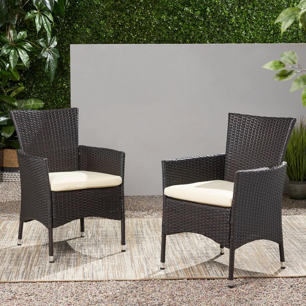 Zeus & Ruta Brown Multi Wicker Outdoor Dining Chair with Beige Cushions ...