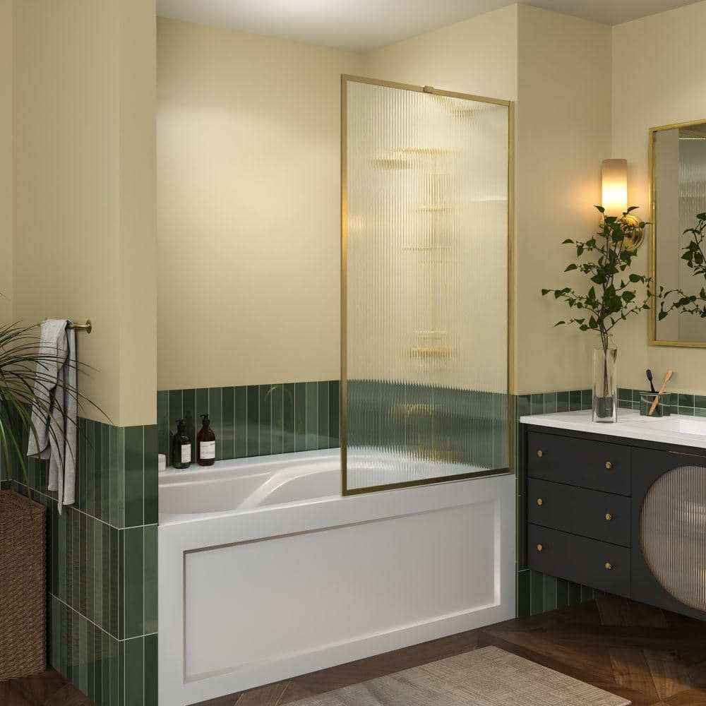 Xspracer Ashpy 33 in. W x 58 in. H Fixed Tub Door in Gold with Rain ...