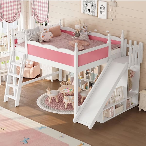 Harper & Bright Designs Pink and White Queen Solid Wood Loft Bed with ...