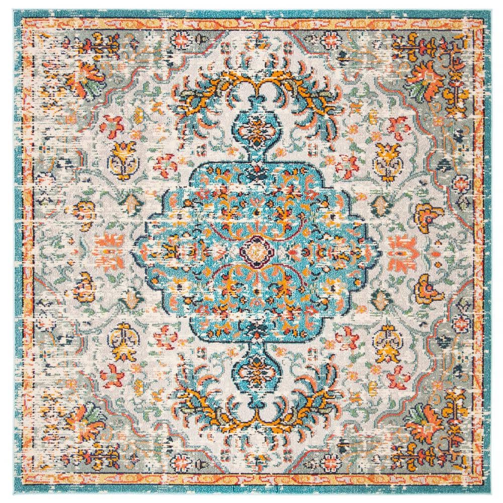 SAFAVIEH Madison Gray/Light Blue 5 ft. x 5 ft. Square Border Area Rug ...