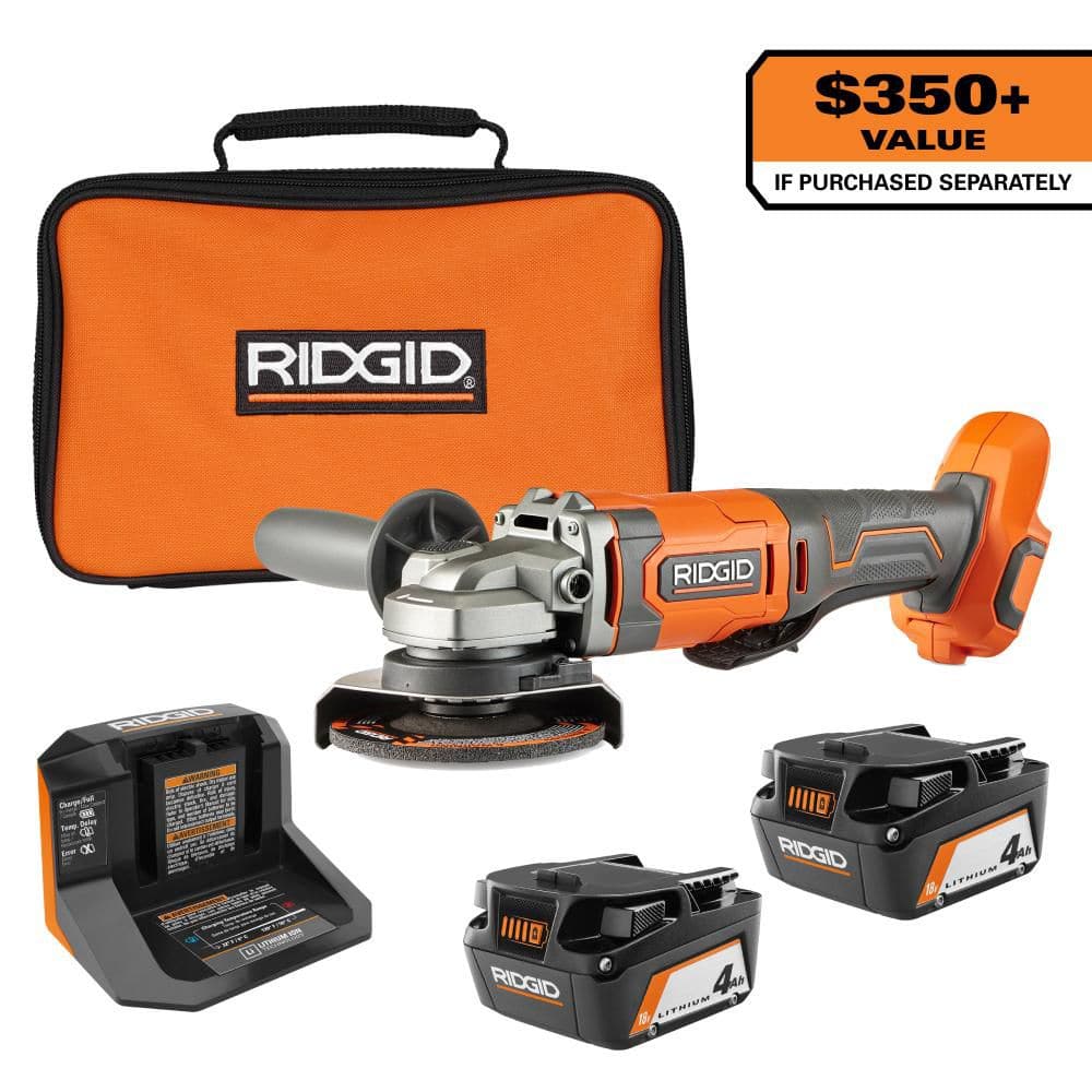 RIDGID 18V 4.0 Ah Battery (2-Pack) with Charger, Bag, and 18V 4-1/2 in ...