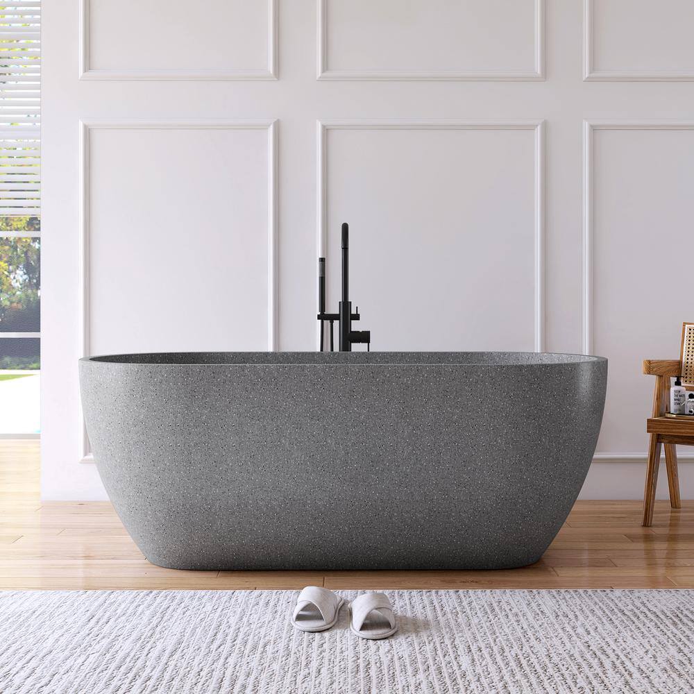 MEDUNJESS 63 in. x 31 in. Terrazzo Stone Solid Surface Flatbottom Freestanding Soaking Bathtub ...
