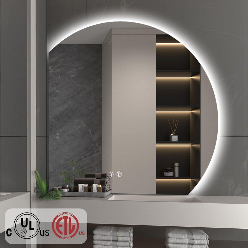 YULIKA 32 in. W x 32 in. H Novelty/Specialty Frameless Wall Bathroom Vanity Mirror Half Moon LED ...