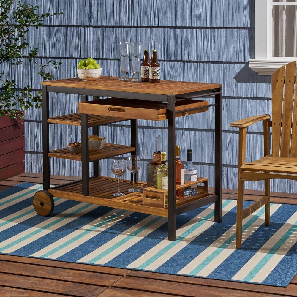 Acacia Wood and Iron Bar Cart, Patio Serving Cart with Drawers, 4 ...