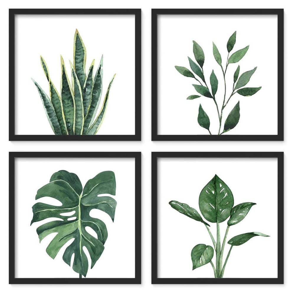 4 Piece Black Wood Framed Sage Green Plant Print Wall Prints 10 in. x ...
