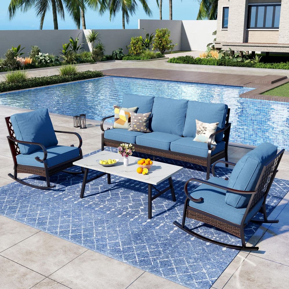 PHI VILLA 4-Piece Black Metal Outdoor Patio Conversation Set with ...