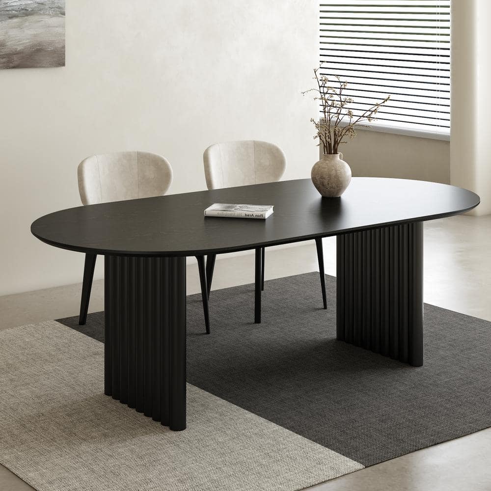Lirago Oval Black Solid Wood 67 in. Kitchen Tables Double Pedestal ...