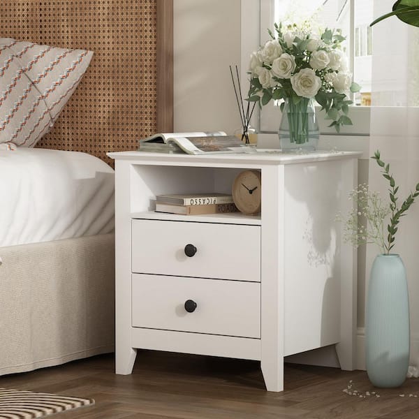 FUFU GAGA White Wooden Nightstand Sidetable End Table with 2 Drawers and Open Shelf 19.7 L x 15.7 in. W x 21.7 in. H