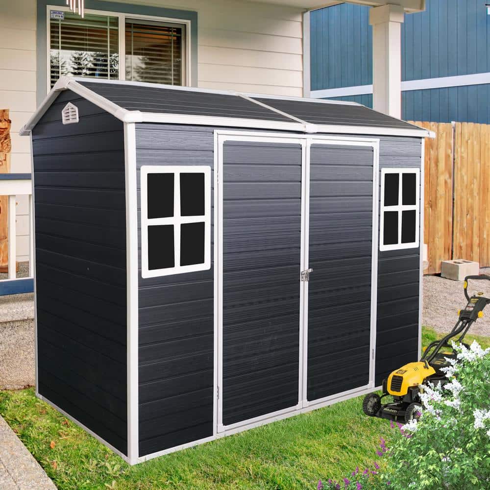 Black 4 ft. W x 8 ft. D Outdoor Resin Storage Shed with Windows, Double ...