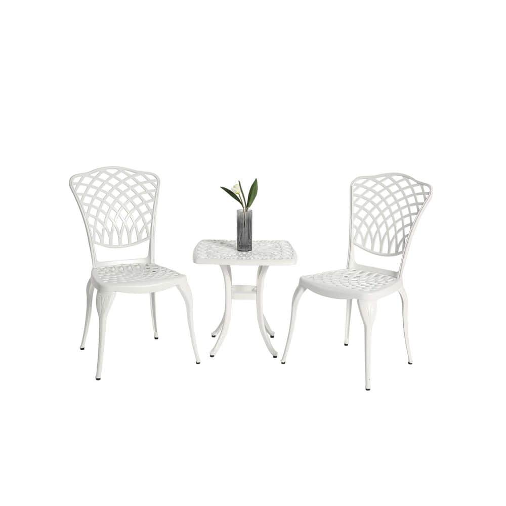 JUJABU White 3-Piece Aluminum Bistro Set, 2 Chairs and 1 Round Table ...
