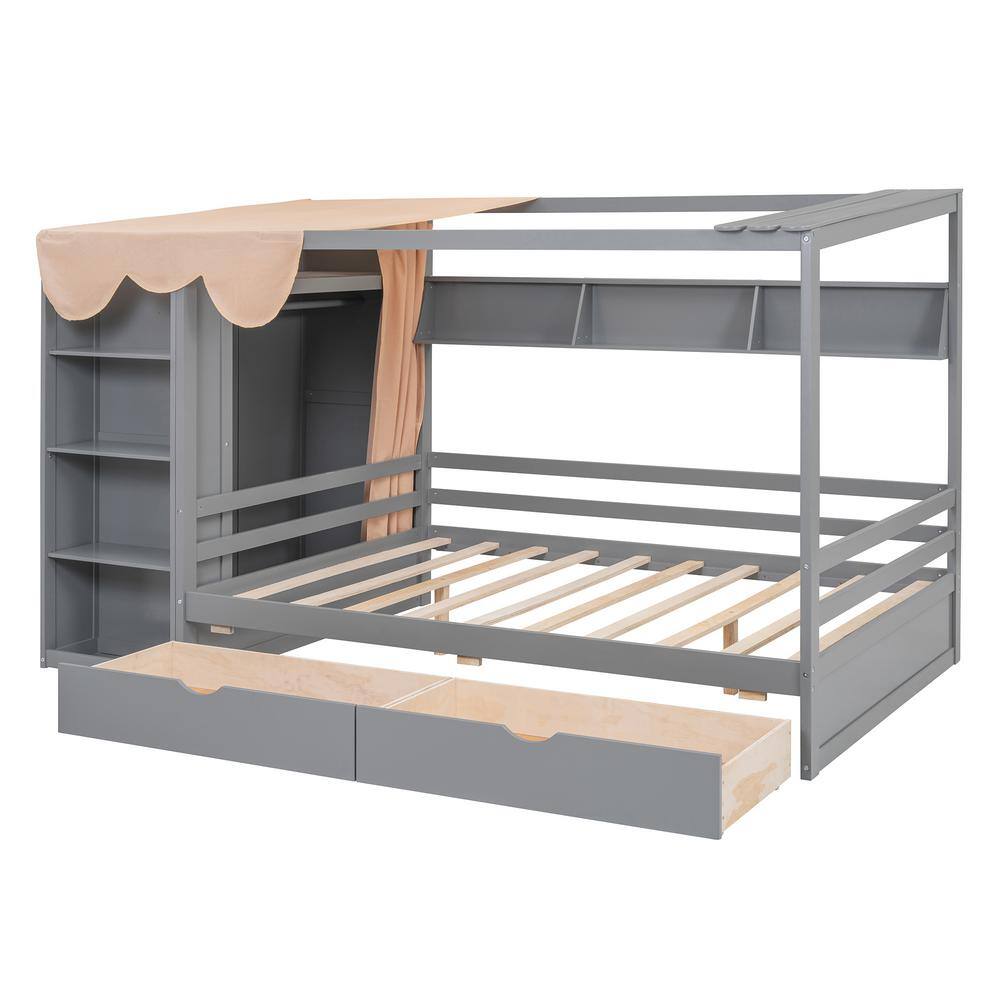 Qualler Gray Wood Frame Full Size Canopy Bed with Wardrobe and 2 ...