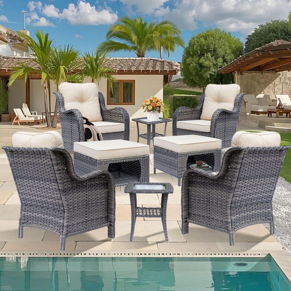 DWIOM Gray 8-Piece Wicker Patio Conversation Set Outdoor Lounge Chairs Ottomans and Side Table ...