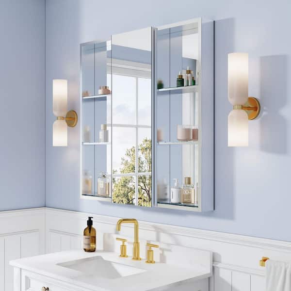 WELLFOR 36.01 in. W x 36 in. H Square Polished Aluminum Tri-view Soft ...