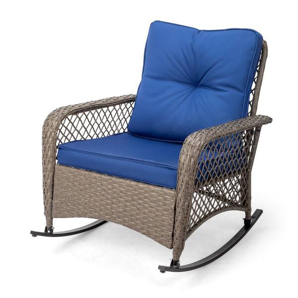Karl home Metal and Wicker Outdoor Rocking Chair with Blue Cushion ...