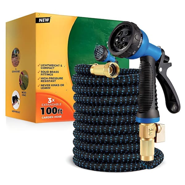 100Ft Expandable Garden Hose With 8 Function Nozzle Solid Brass ...
