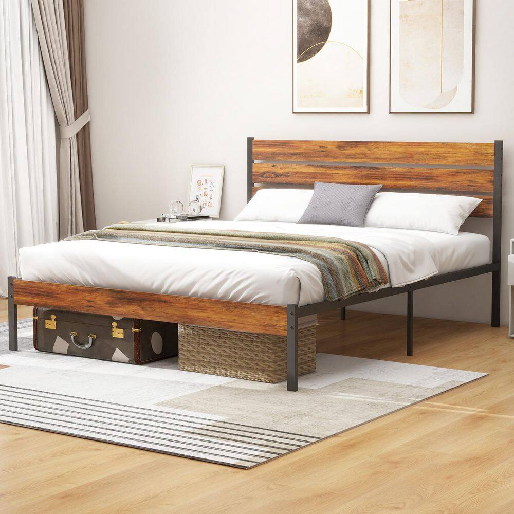 WONDER COMFORT Rust Brown Wood Frame Full Size Platform Bed Frame with ...