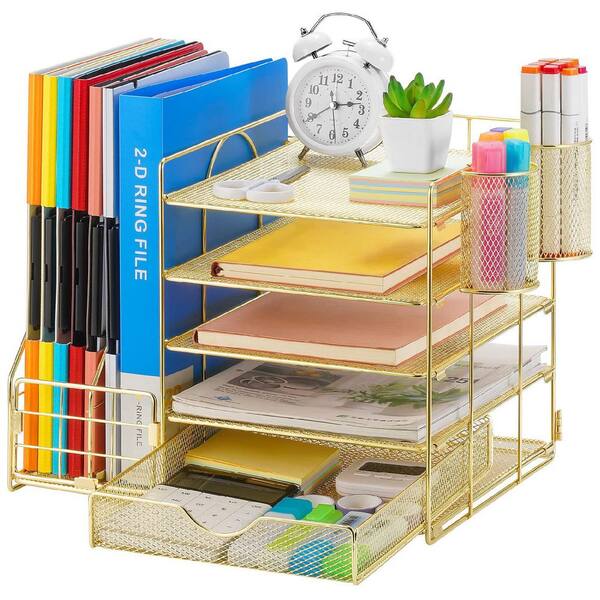 13.77 in x 11.02 in Gold Metal Desk Organizer with File Holder, 5-Tier ...