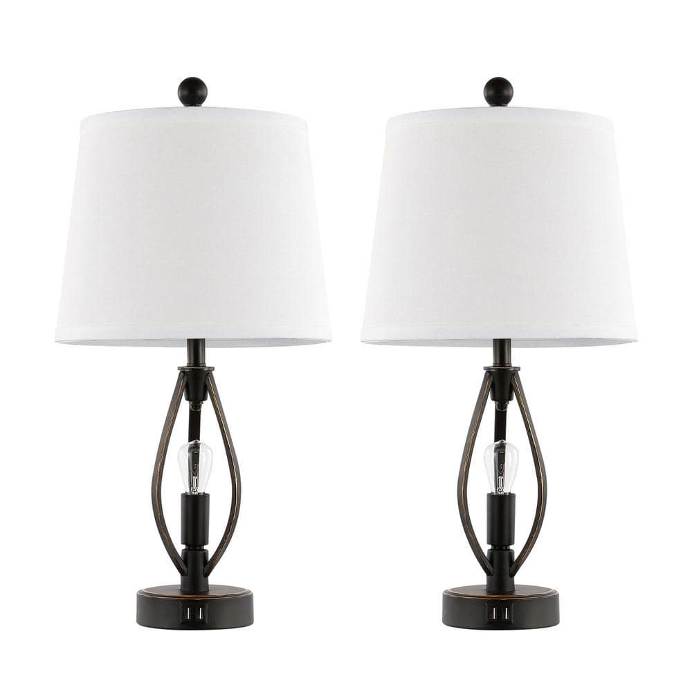 MLiAN 22 in. Black Farmhouse Table Lamp Set with USB Ports (Set of 2 ...