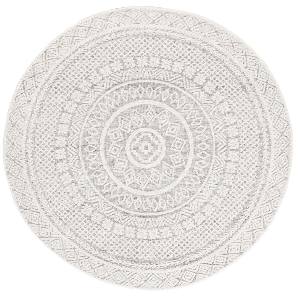 SAFAVIEH Audrey 6 ft. x 6 ft. Gray/Ivory Diamond Border Round Area Rug ...