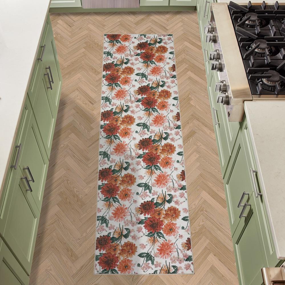 Laura Ashley Dahlias Floral Chenille Red Ivory 2 ft. x 6 ft. Polyester ...