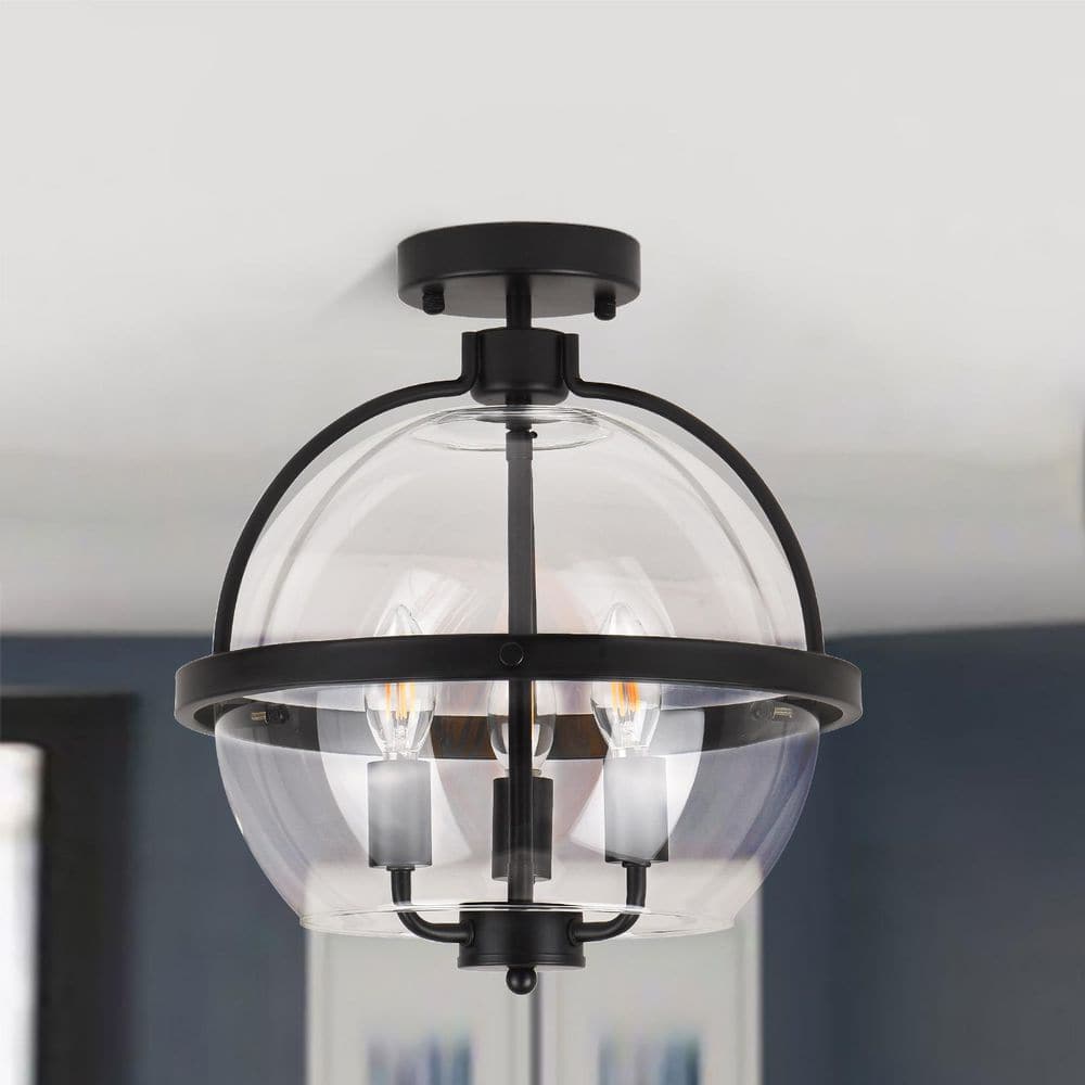 PAKOKULA 14 in. 3-Light Matte Black Globe Semi-Flush Mount Ceiling Light with Clear Glass Shade ...