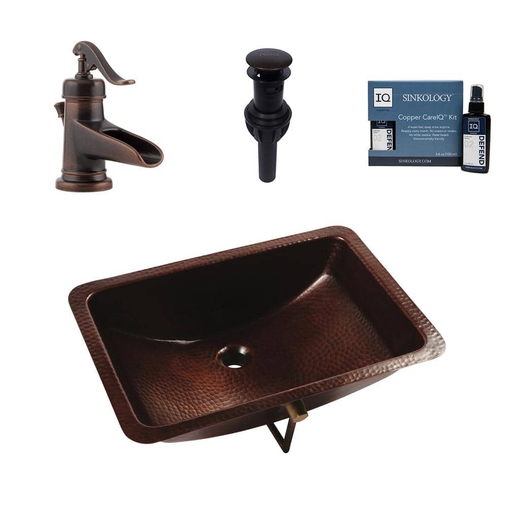 SINKOLOGY Curie 18 Gauge 21 in. Copper Undermount Bath Sink in Aged Copper with Ashfield Faucet ...