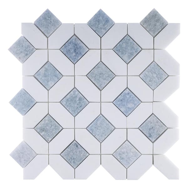MOLOVO Natural Blue 12.01 in. x 12.01 Geometric Polished Marble Mosaic ...