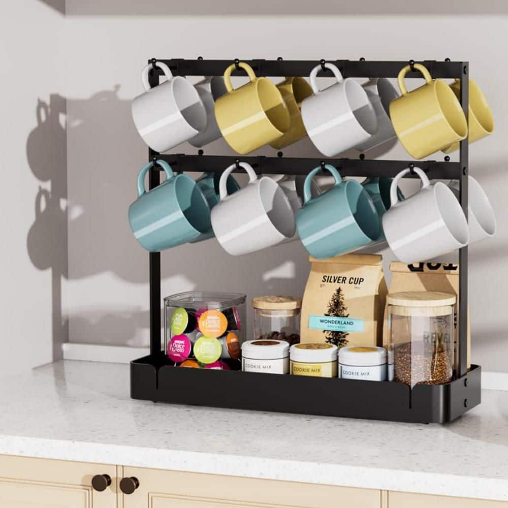 Wudkey 16-Hook Countertop Black Coffee Mug Holder, 2 Tier Mug Tree Rack ...