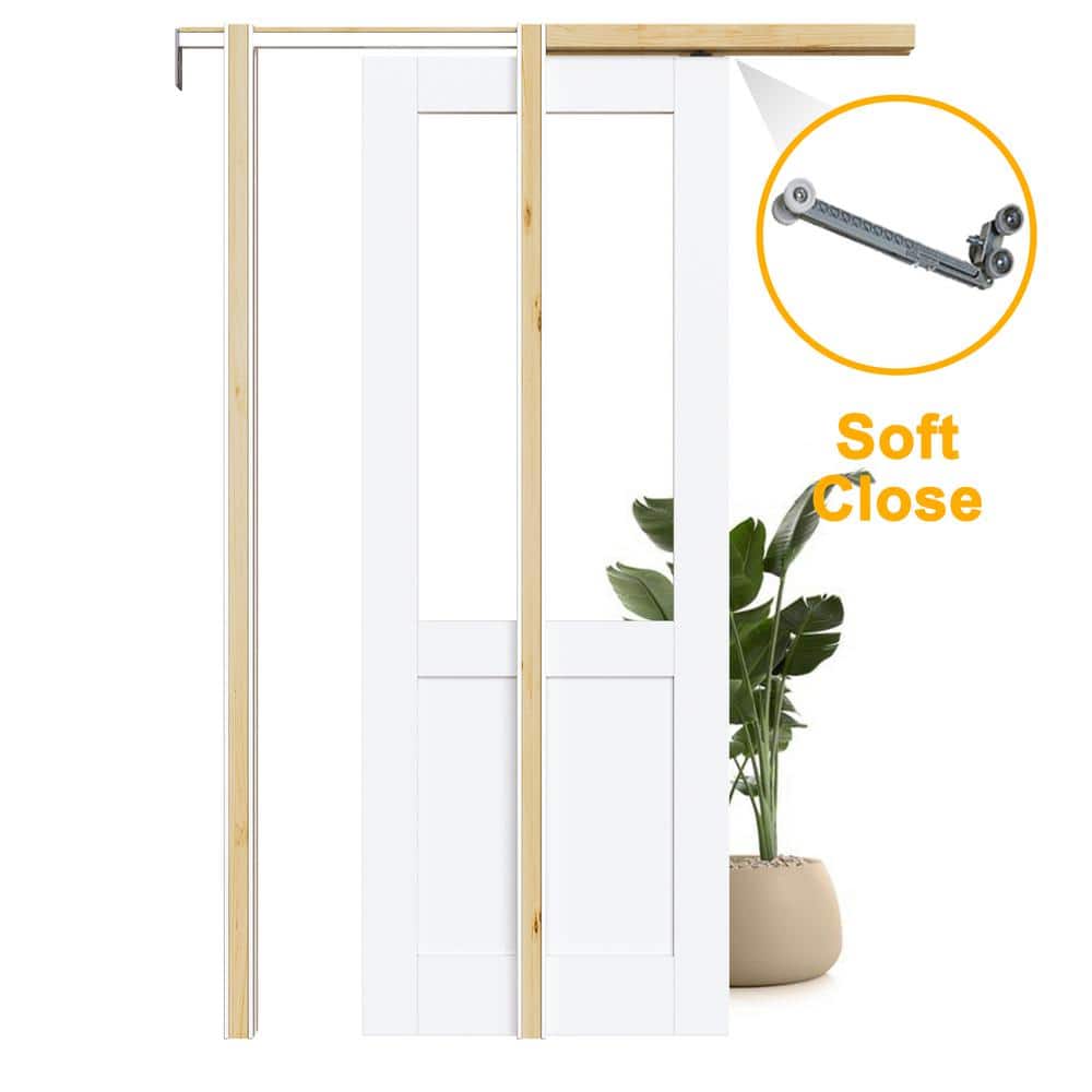 ARK DESIGN 32 in. x 80 in. 1/2 Clear Glass White Primed MDF Pocket ...
