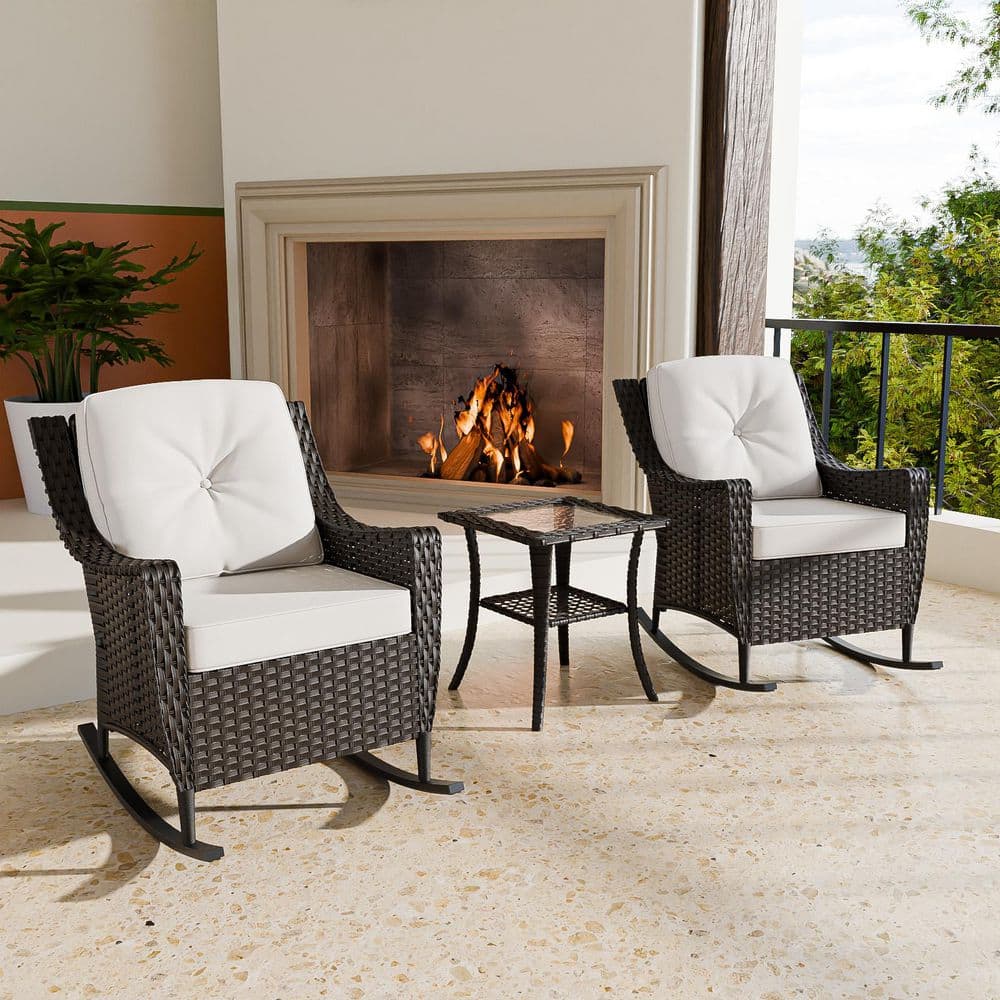 COOS BAY 3-Piece Brown Wicker Outdoor Patio Conversation Rocking Chair ...