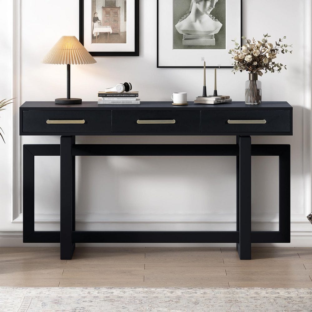 JUJABU 57 in. Black Rectangle MDF Console Table with Three Drawers for ...