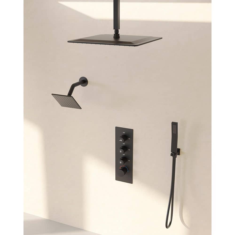 GRANDJOY 16 and 6 in. Thermostatic 7-Spray Ceiling Mount Dual Fixed and ...
