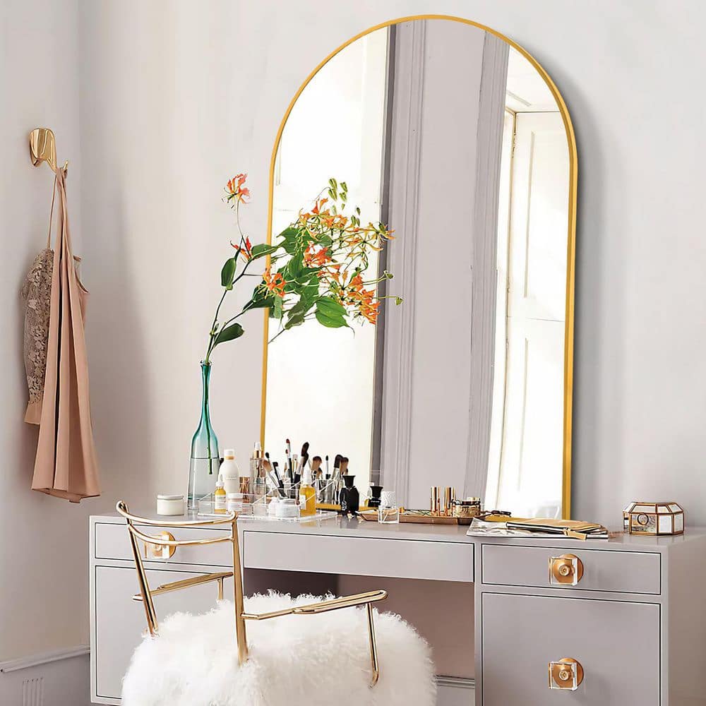 Aluminum Slim Frame Bathroom Mirrors Gold Arch 24 in. W x 36 in. H Arched Corner HD0104-052011 ...
