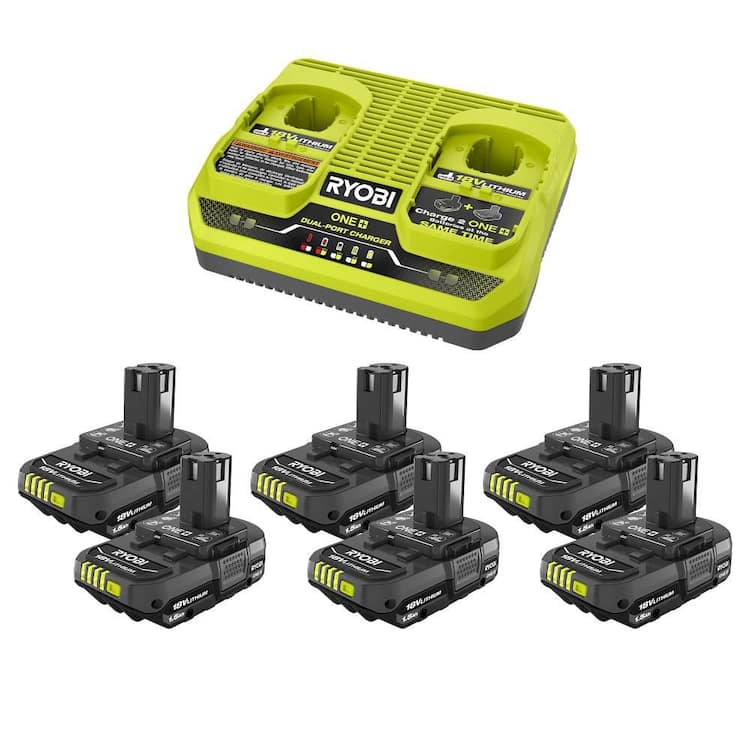 RYOBI ONE+ 18V (6) 1.5 Ah Batteries with Dual-Port Charger Starter Kit ...