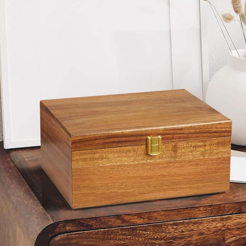Brown 11 in. x 5 in. Wood Large Acacia Storage Box with a Hinged Lid ...