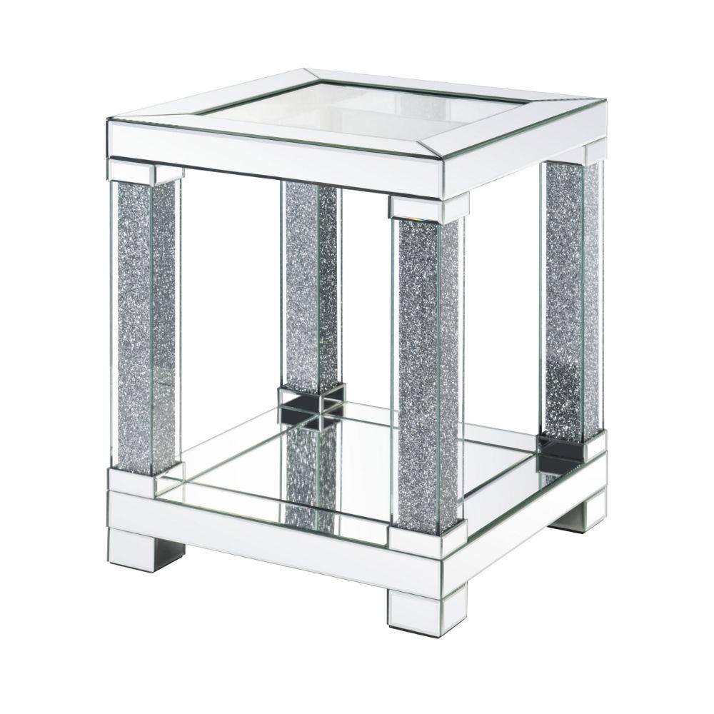 Benjara 20 in. Silver Square Glass End Table with Faux Geomestone ...