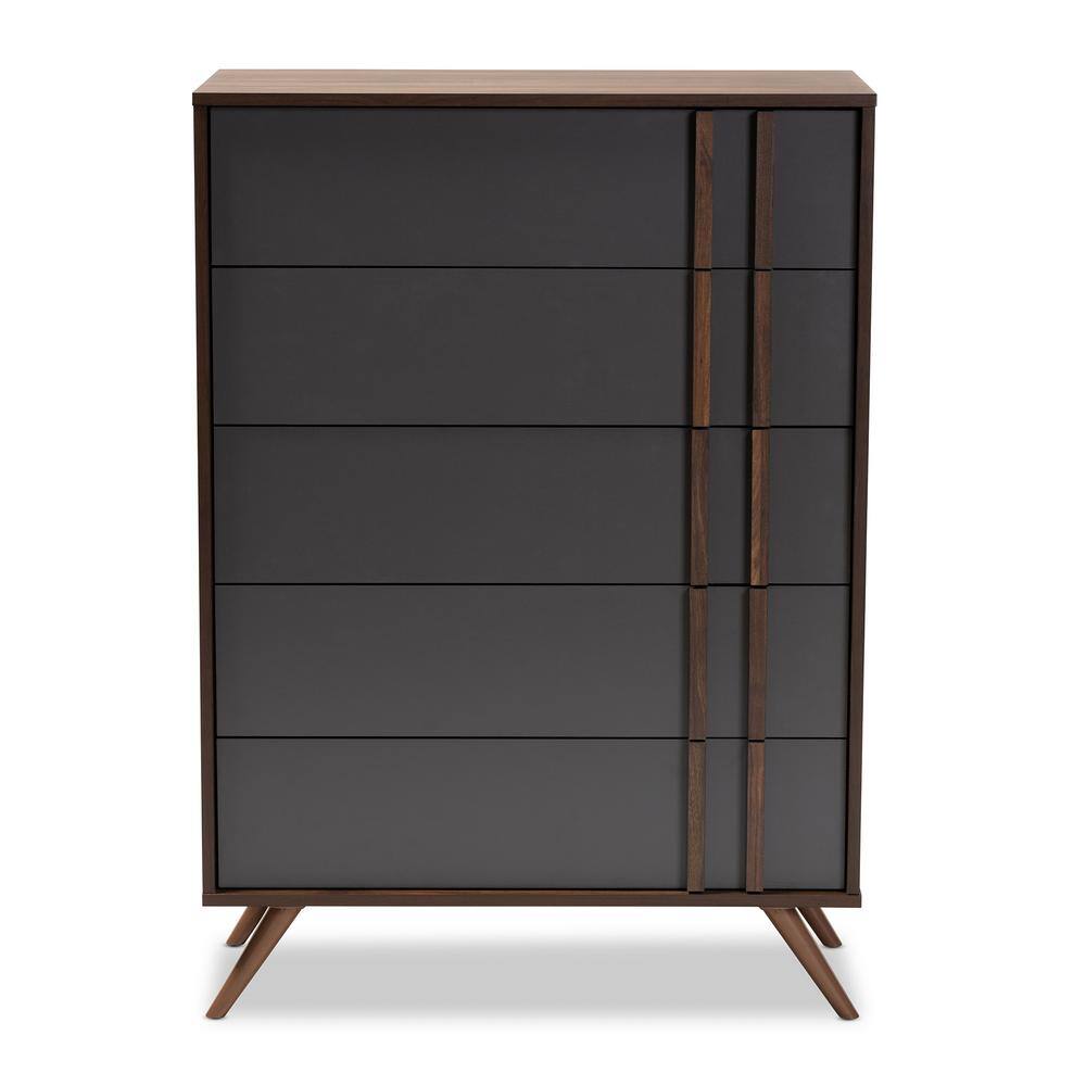 Baxton Studio Naoki 5-Drawer Grey and Walnut Wood Chest 168-10929-HD ...