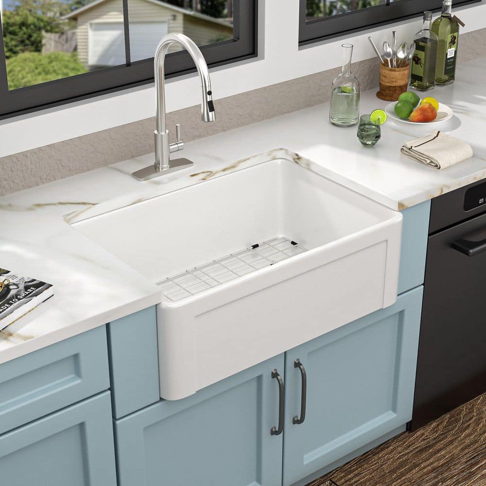 Fulorni 30 in. White Fireclay Farmhouse Kitchen Sink, Reversible Apron ...