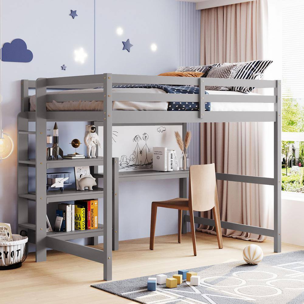 Harper & Bright Designs Gray Full Size Wood Loft Bed with Ladder ...
