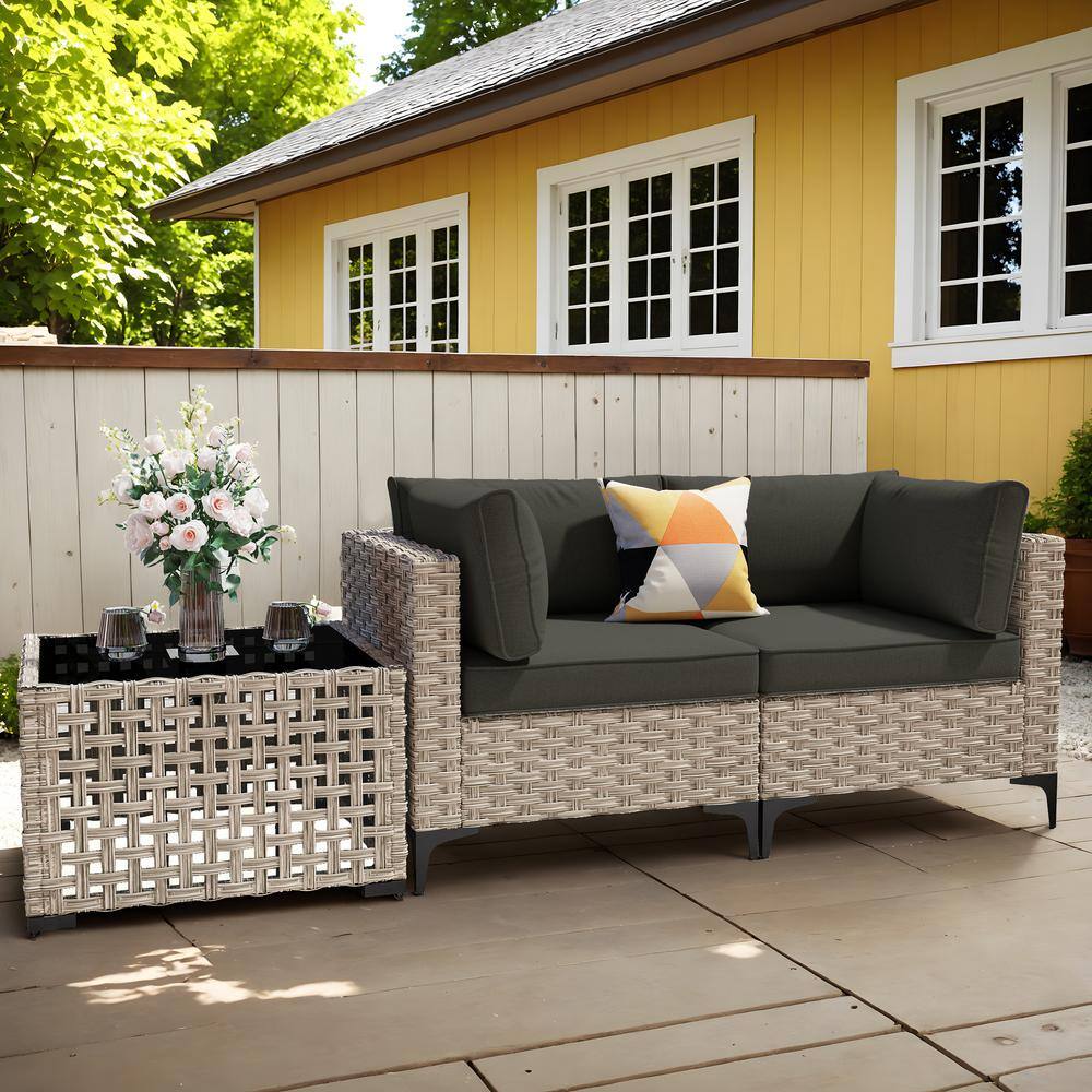 HOOOWOOO Holston 3-Piece Wicker Modern Outdoor Patio Conversation Chair Loveseat Set with a ...