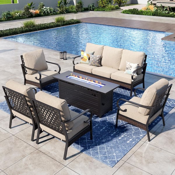 PHI VILLA 6-Piece Black Metal 7-Seats Fire Pit Patio Sets with Fixed ...