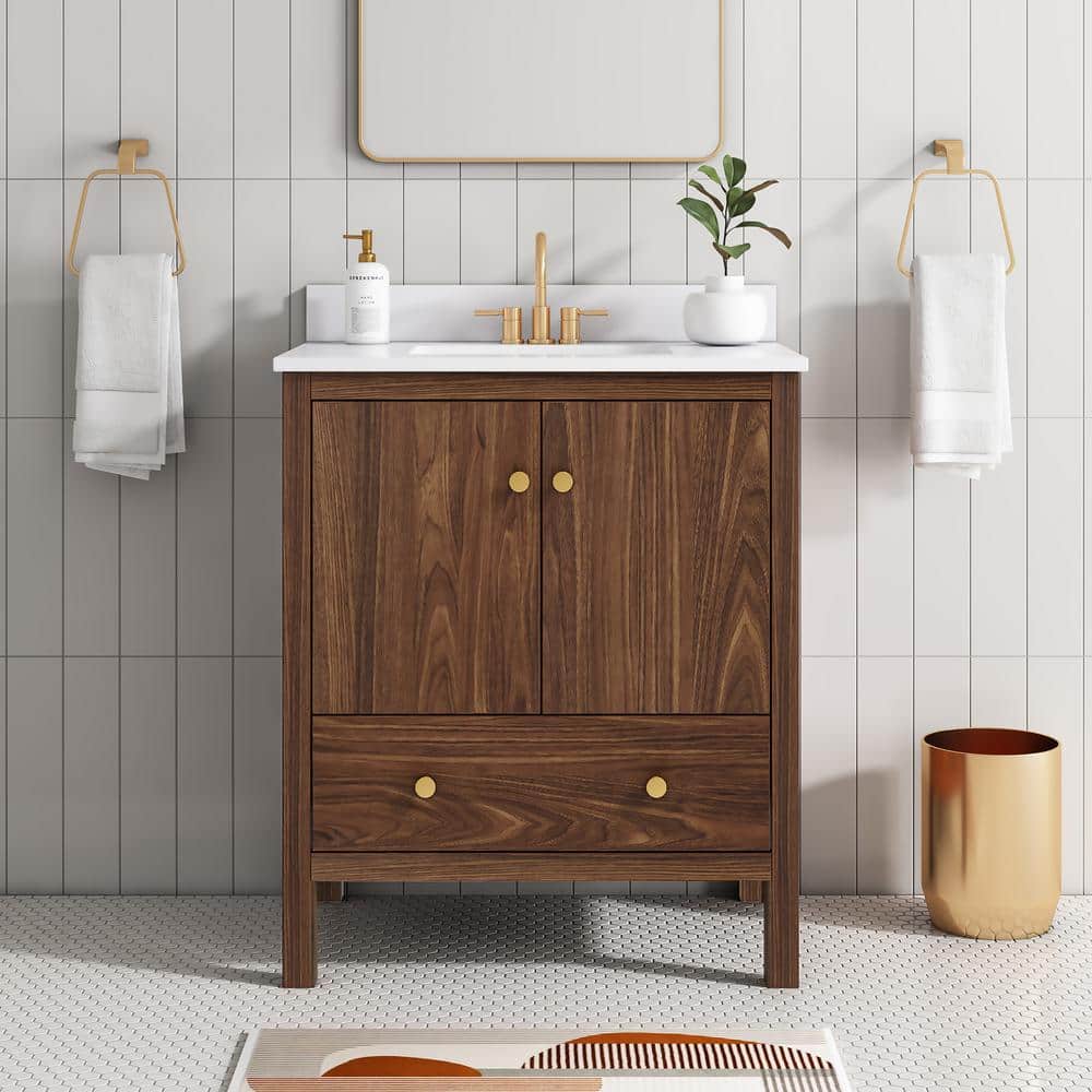 Glacier Bay Rory 30 in. Single Sink Walnut Bath Vanity with White ...