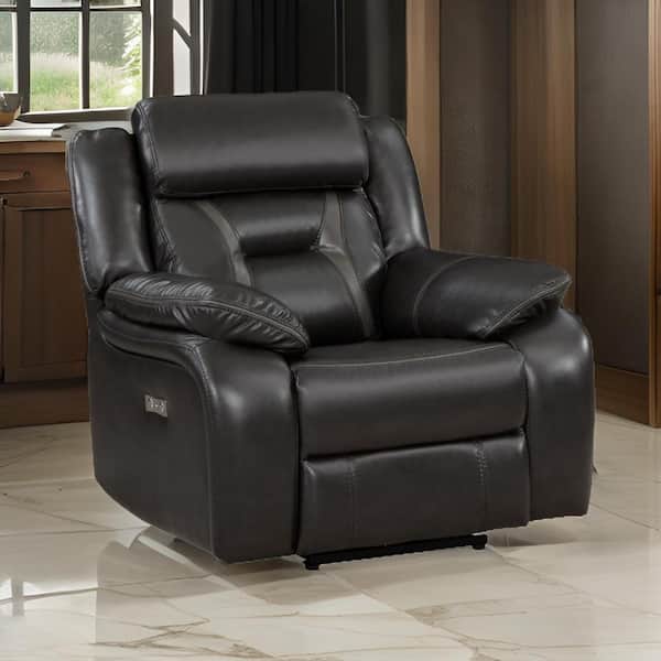 Benjara Dark Gray Faux Leather Power Recliner with USB Port, Solid Wood ...