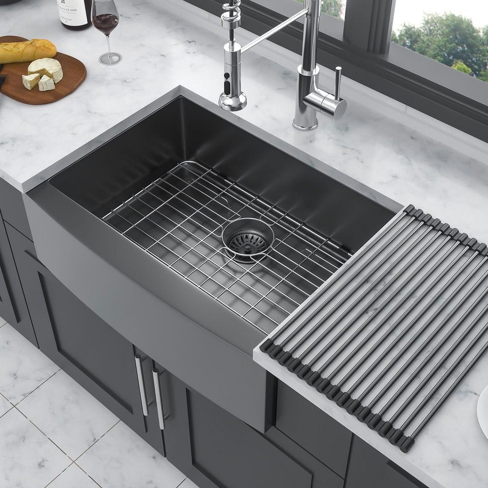 Timussi 27 in. Farmhouse Single Bowl 16 Gauge Gunmetal Black Stainless ...