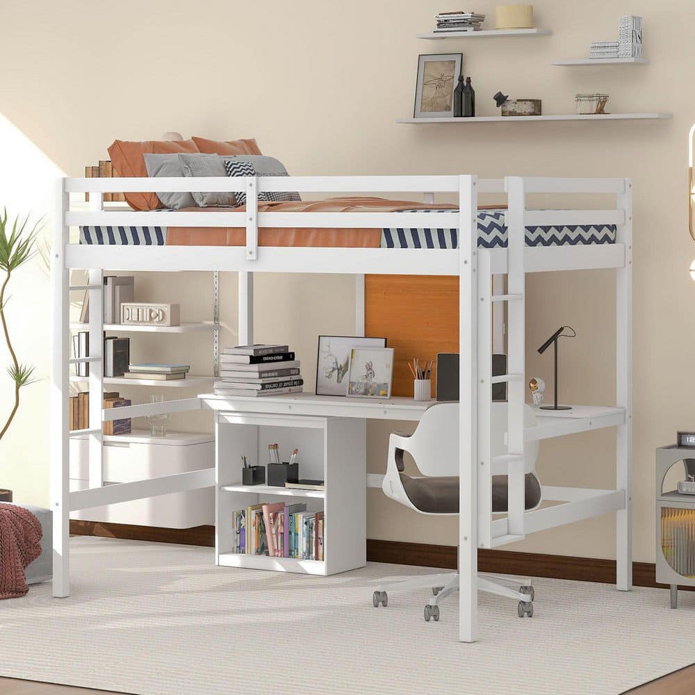 Polibi White Full Size Wood Loft Bed with Desk and Writing Board, 2 Drawers Cabinet RD14 ...