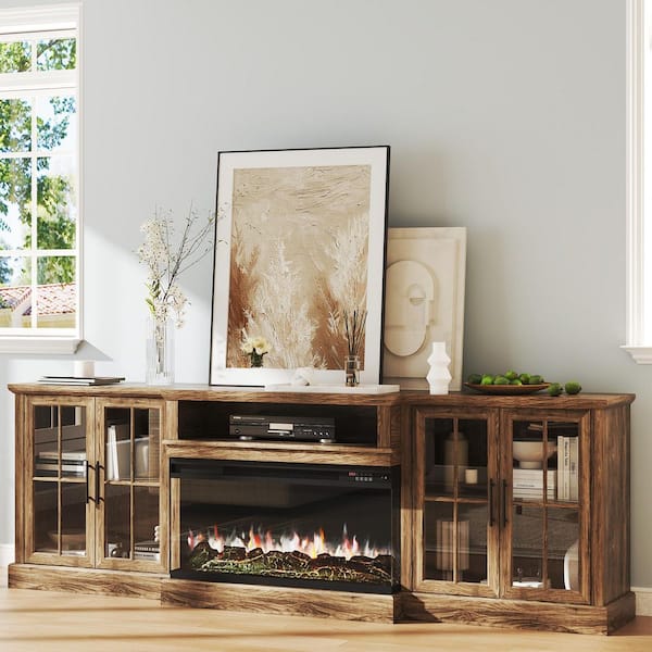 Sizzim 98 in. Freestanding Wooden TV Stand with 3-Sided Electric ...