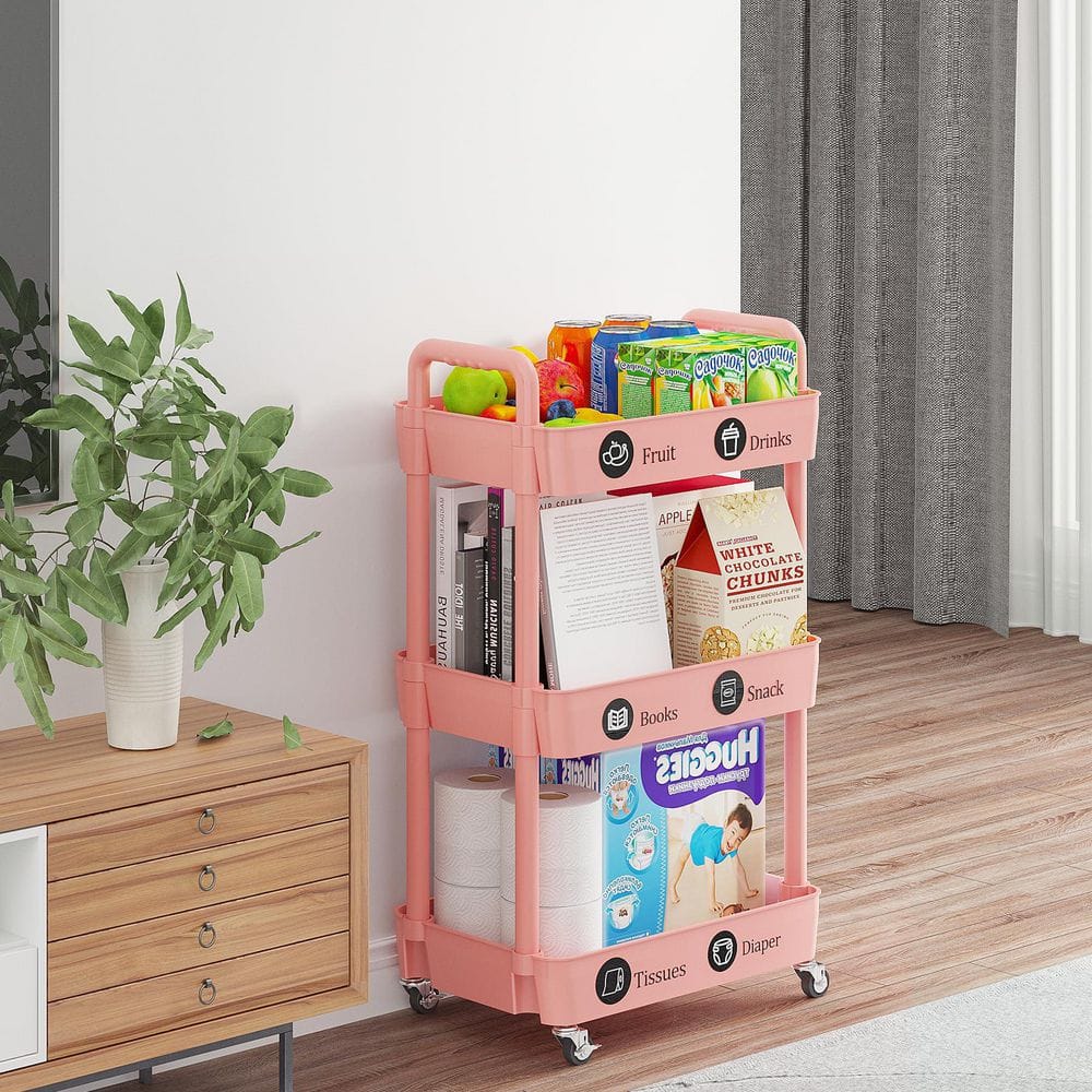 Wudkey 3-Tier Pink Storage Organizer with Wheels and Classified ...