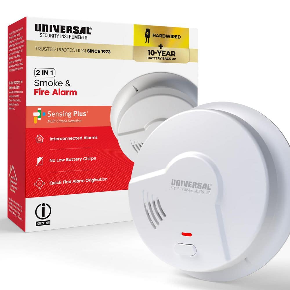 Universal Security Instruments Hardwired and 10-Year Battery Backup Smoke Detector with ...