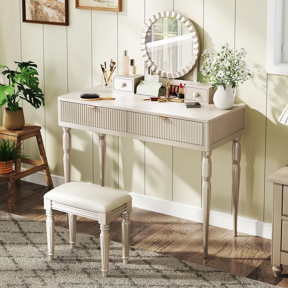 Qualler Champagne White Makeup Vanity Set with Round Mirror, Stool and ...