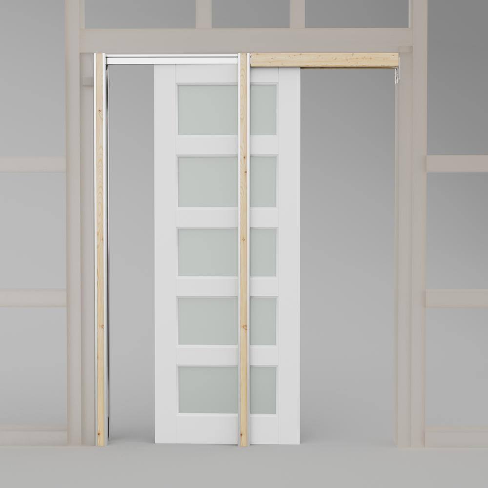 ARK DESIGN 32 in. x 80 in. White Primed 5-Lite Frosted Glass Door Slab ...